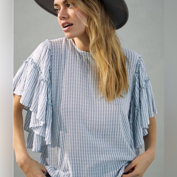 Pilcro | Tops | Pilcro Sybil Ruffle Sleeve Summer Top Bluewhite Stripe ...